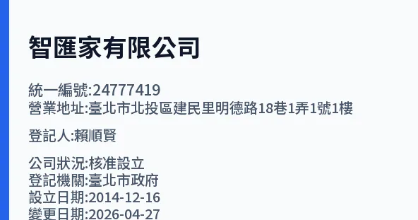 智匯家有限公司的照片-統編 24777419(臺北市) 公司登記資料與營業項目詳細圖表