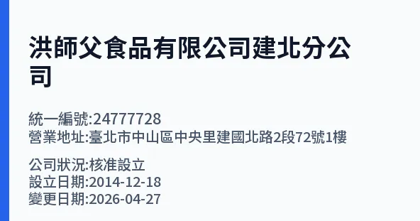 洪師父食品有限公司建北分公司的照片-統編 24777728(臺北市) 公司登記資料與營業項目詳細圖表