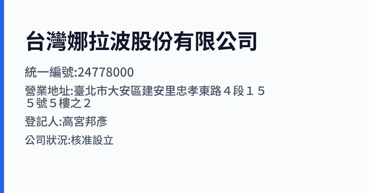 台灣娜拉波股份有限公司 - 統編 24778000(臺北市) 公司登記資料與營業項目詳細圖表