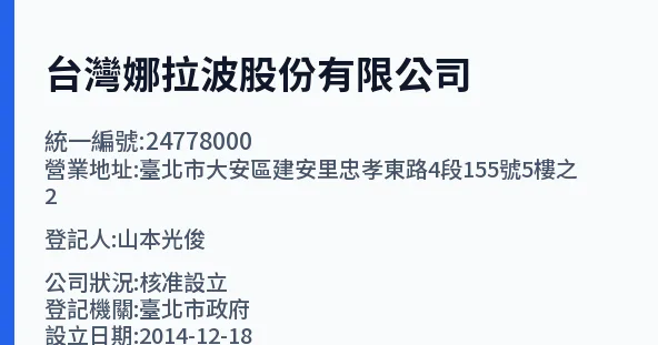 台灣娜拉波股份有限公司的照片-統編 24778000(臺北市) 公司登記資料與營業項目詳細圖表