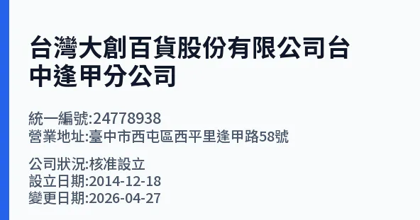 台灣大創百貨股份有限公司台中逢甲分公司的照片-統編 24778938(臺中市) 公司登記資料與營業項目詳細圖表