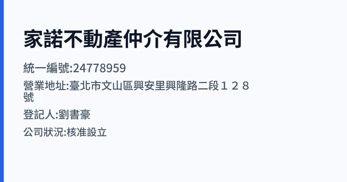 家諾不動產仲介有限公司 - 統編 24778959(臺北市) 公司登記資料與營業項目詳細圖表