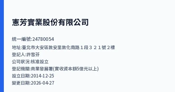 憲芳實業股份有限公司的照片-統編 24780054(臺北市) 公司登記資料與營業項目詳細圖表