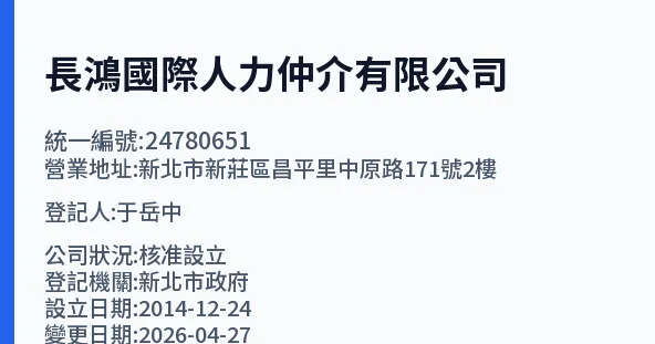 長鴻國際人力仲介有限公司的照片-統編 24780651(新北市) 公司登記資料與營業項目詳細圖表