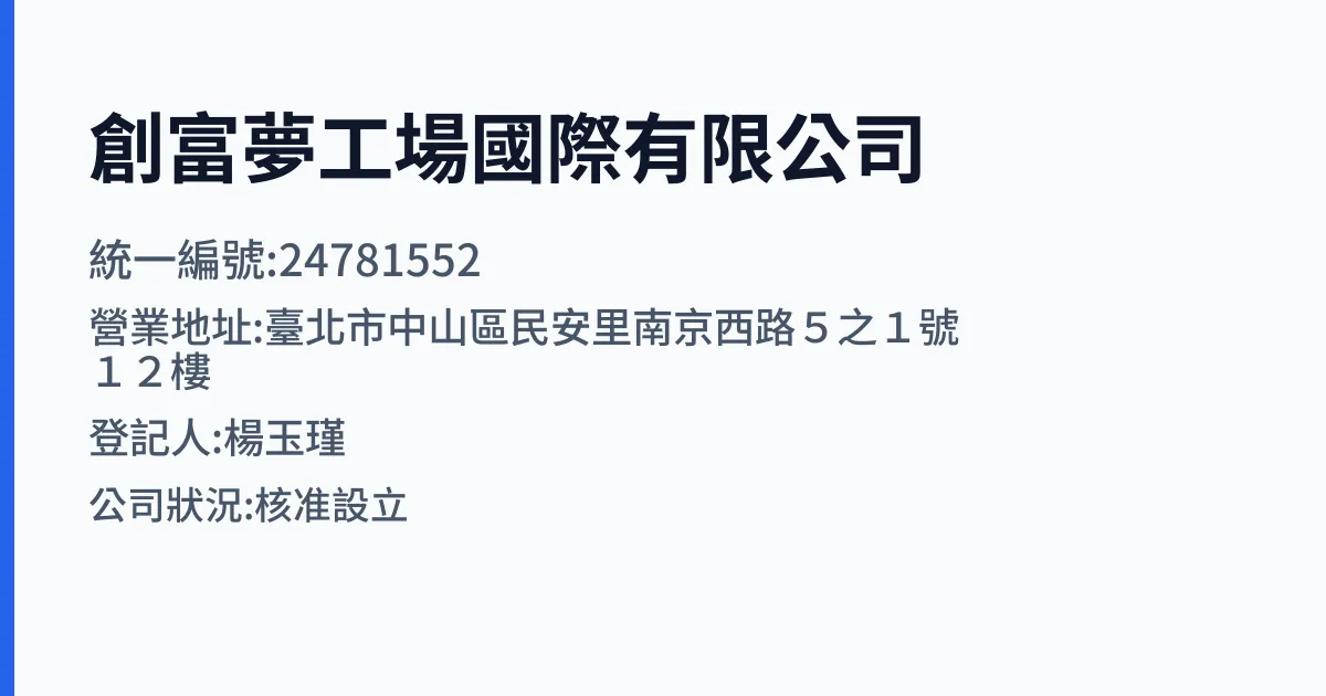 創富夢工場國際有限公司 - 統編 24781552(臺北市) 公司登記資料與營業項目詳細圖表