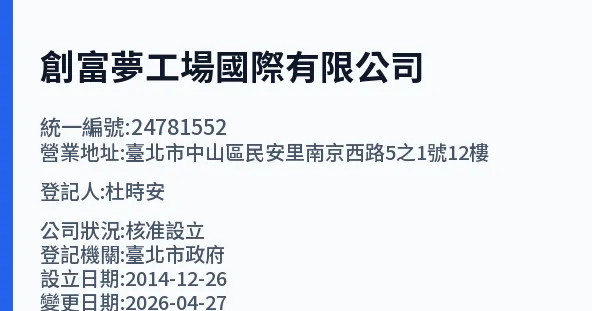 創富夢工場國際有限公司的照片-統編 24781552(臺北市) 公司登記資料與營業項目詳細圖表