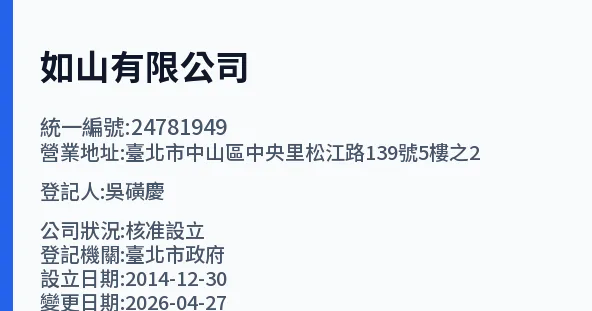 如山有限公司的照片-統編 24781949(臺北市) 公司登記資料與營業項目詳細圖表