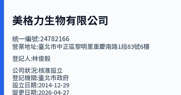 美格力生物有限公司的照片-統編 24782166(臺北市) 公司登記資料與營業項目詳細圖表