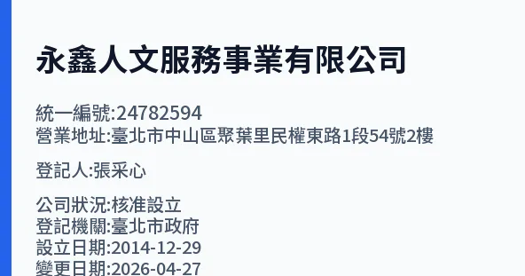 永鑫人文服務事業有限公司的照片-統編 24782594(臺北市) 公司登記資料與營業項目詳細圖表