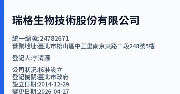 瑞格生物技術股份有限公司的照片-統編 24782671(臺北市) 公司登記資料與營業項目詳細圖表