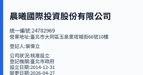 晨曦國際投資股份有限公司的照片-統編 24782969(臺北市) 公司登記資料與營業項目詳細圖表