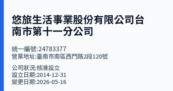 悠旅生活事業股份有限公司台南市第十一分公司的照片-統編 24783377(臺南市) 公司登記資料與營業項目詳細圖表