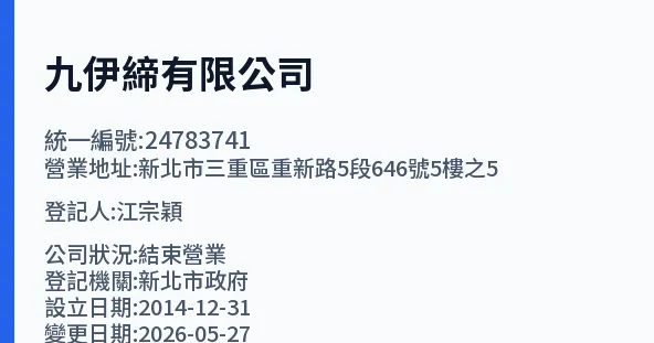 九伊締有限公司的照片-統編 24783741(新北市) 公司登記資料與營業項目詳細圖表