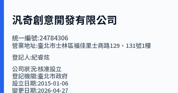 汎奇創意開發有限公司的照片-統編 24784306(臺北市) 公司登記資料與營業項目詳細圖表