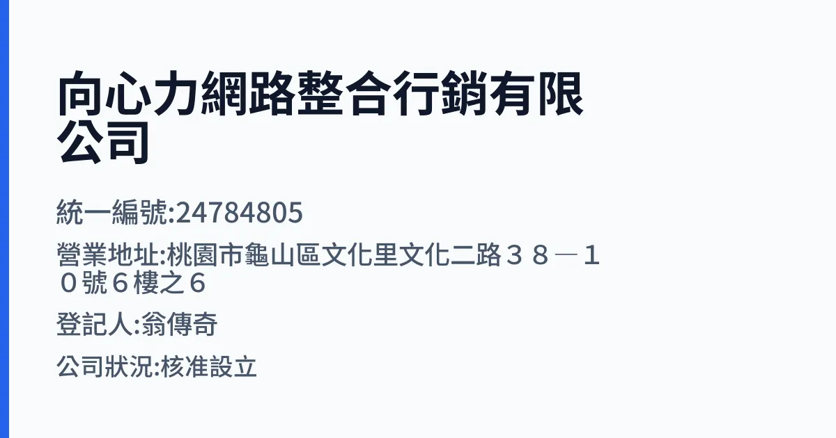 向心力網路整合行銷有限公司 - 統編 24784805(桃園市) 公司登記資料與營業項目詳細圖表