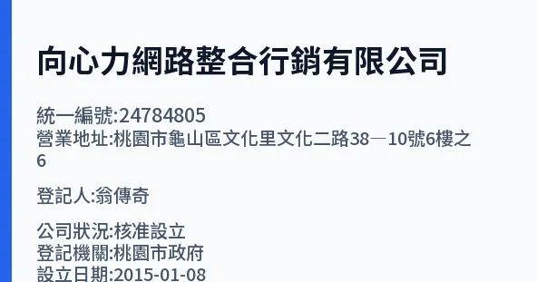 向心力網路整合行銷有限公司的照片-統編 24784805(桃園市) 公司登記資料與營業項目詳細圖表