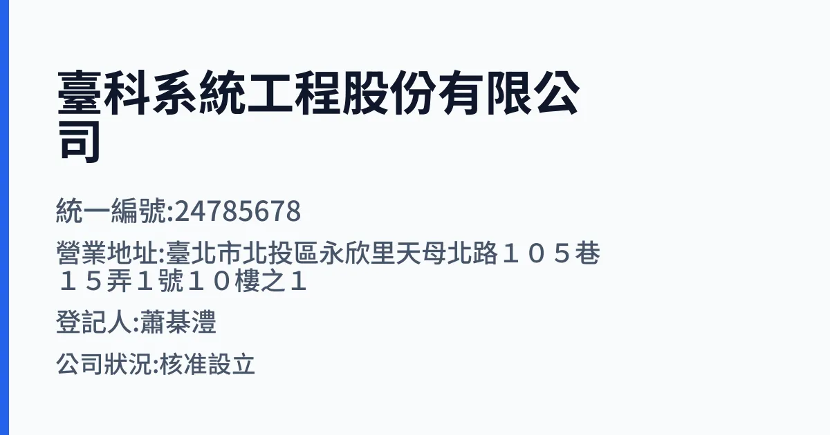 臺科系統工程股份有限公司 - 統編 24785678(臺北市) 公司登記資料與營業項目詳細圖表