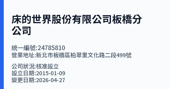 床的世界股份有限公司板橋分公司的照片-統編 24785810(新北市) 公司登記資料與營業項目詳細圖表