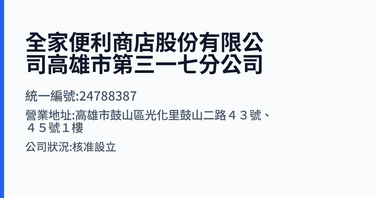全家便利商店股份有限公司高雄市第三一七分公司 - 統編 24788387（高雄市） 公司登記資料與營業項目詳細圖表