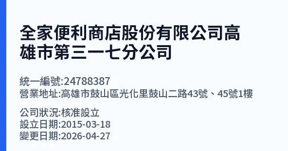 全家便利商店股份有限公司高雄市第三一七分公司的照片-統編 24788387(高雄市) 公司登記資料與營業項目詳細圖表