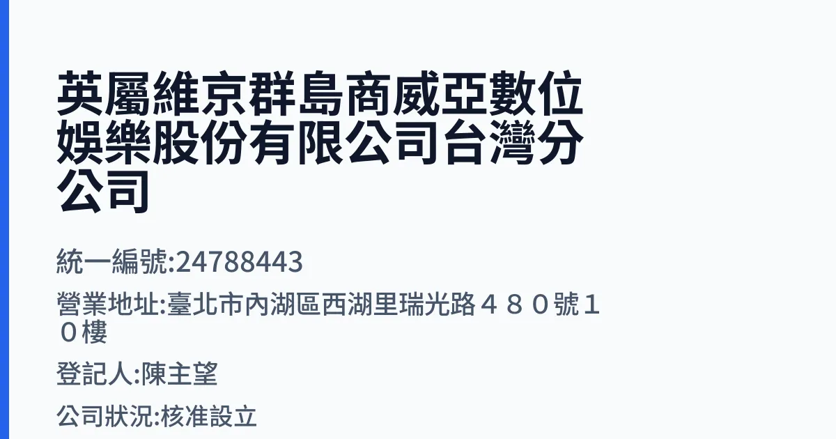 英屬維京群島商威亞數位娛樂股份有限公司台灣分公司 - 統編 24788443(臺北市) 公司登記資料與營業項目詳細圖表