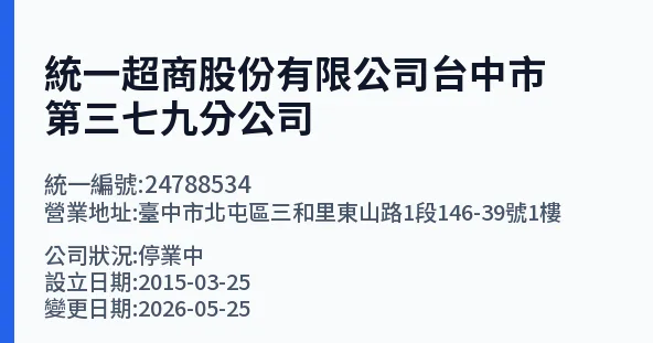 統一超商股份有限公司台中市第三七九分公司的照片-統編 24788534(臺中市) 公司登記資料與營業項目詳細圖表