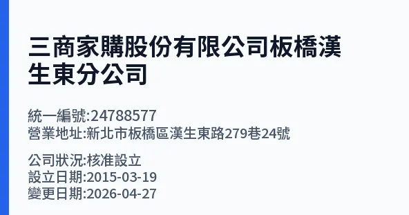 三商家購股份有限公司板橋漢生東分公司的照片-統編 24788577(新北市) 公司登記資料與營業項目詳細圖表