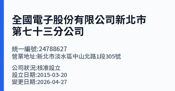 全國電子股份有限公司新北市第七十三分公司的照片-統編 24788627(新北市) 公司登記資料與營業項目詳細圖表