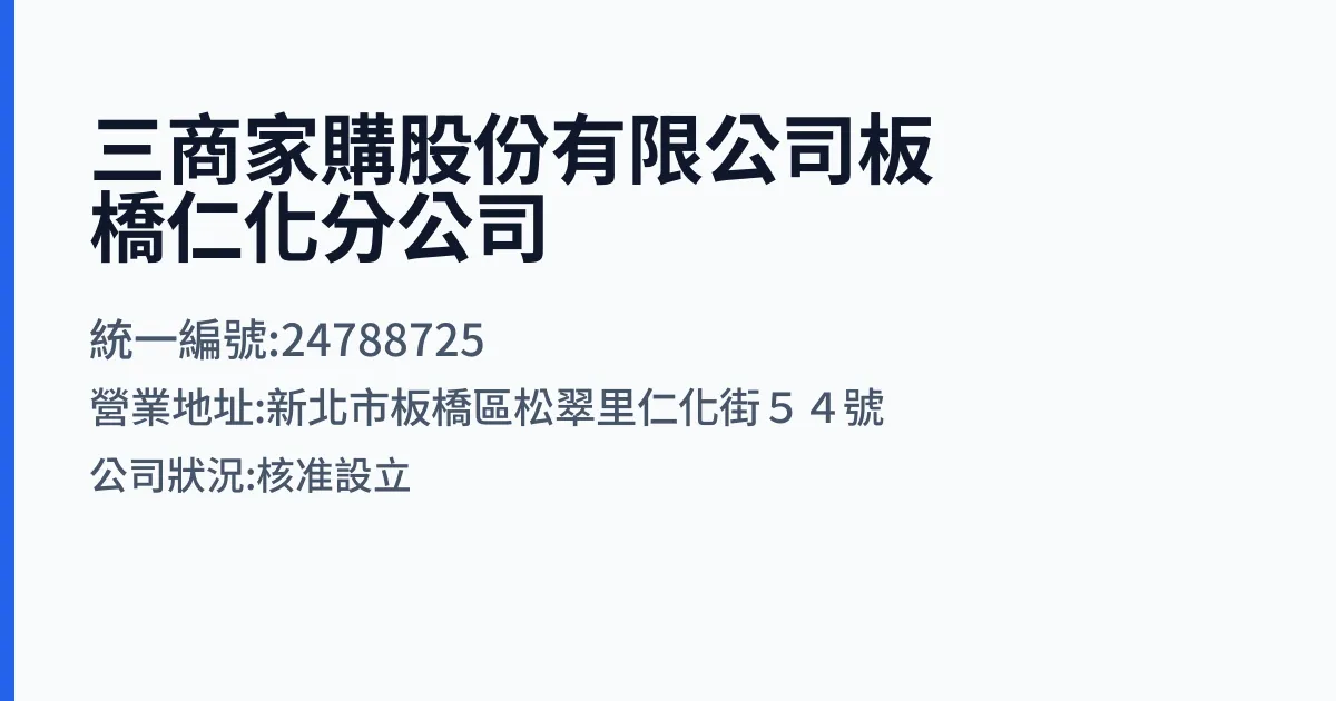 三商家購股份有限公司板橋仁化分公司 - 統編 24788725(新北市) 公司登記資料與營業項目詳細圖表