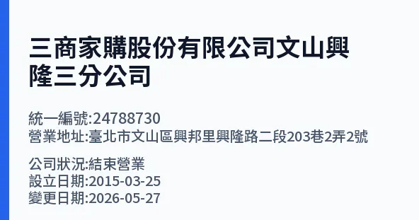 三商家購股份有限公司文山興隆三分公司的照片-統編 24788730(臺北市) 公司登記資料與營業項目詳細圖表
