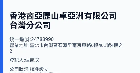 香港商亞歷山卓亞洲有限公司台灣分公司的照片-統編 24788990(臺北市) 公司登記資料與營業項目詳細圖表