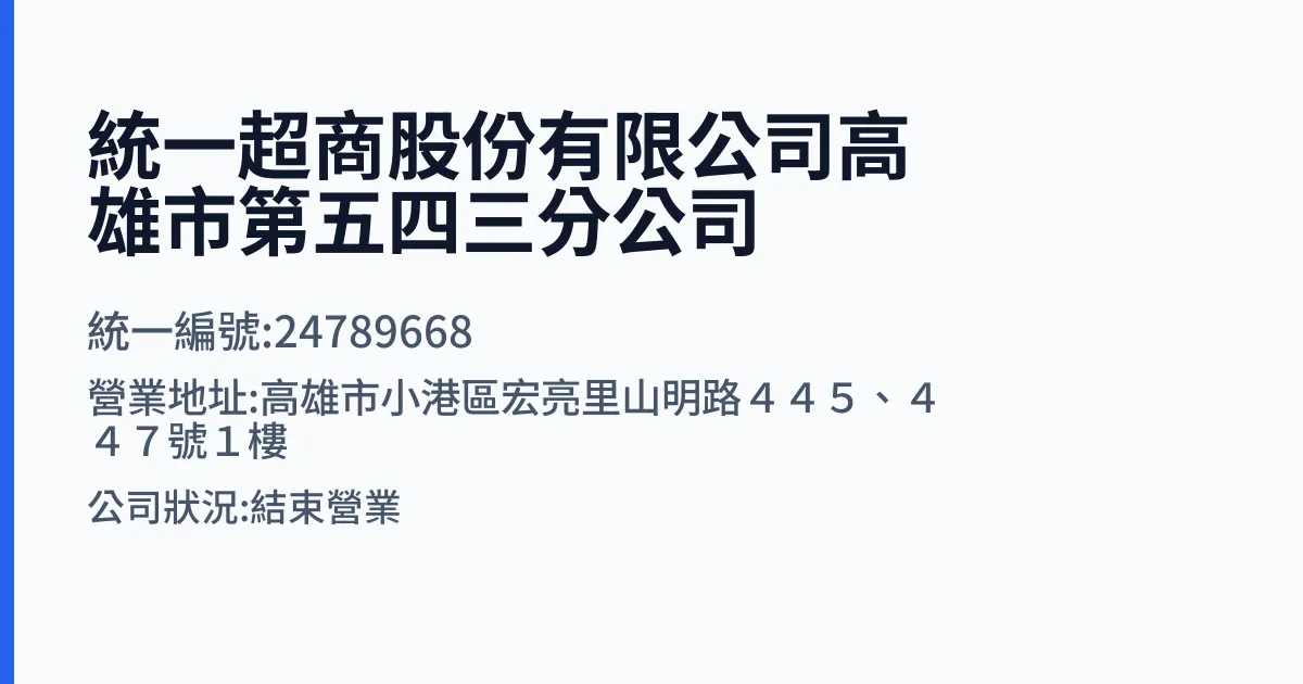 統一超商股份有限公司高雄市第五四三分公司 - 統編 24789668(高雄市) 公司登記資料與營業項目詳細圖表