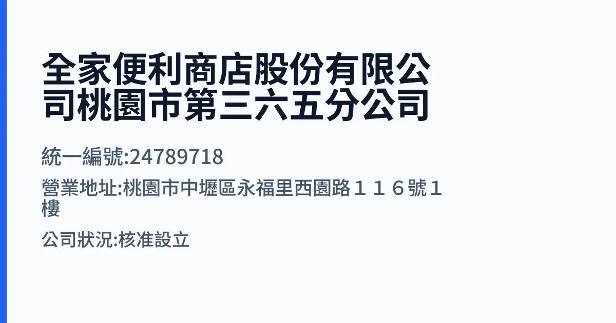 全家便利商店股份有限公司桃園市第三六五分公司 - 統編 24789718（桃園市） 公司登記資料與營業項目詳細圖表