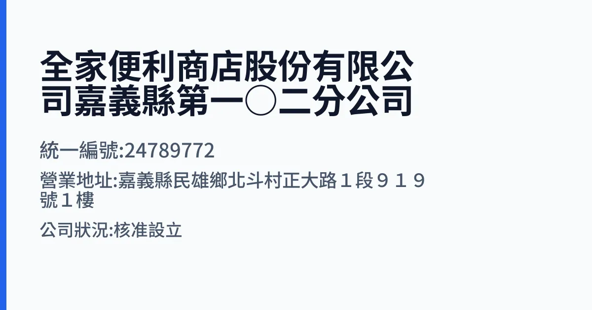 全家便利商店股份有限公司嘉義縣第一○二分公司 - 統編 24789772(嘉義縣) 公司登記資料與營業項目詳細圖表