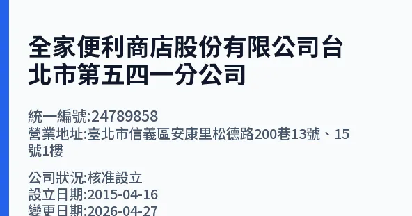 全家便利商店股份有限公司台北市第五四一分公司的照片-統編 24789858(臺北市) 公司登記資料與營業項目詳細圖表