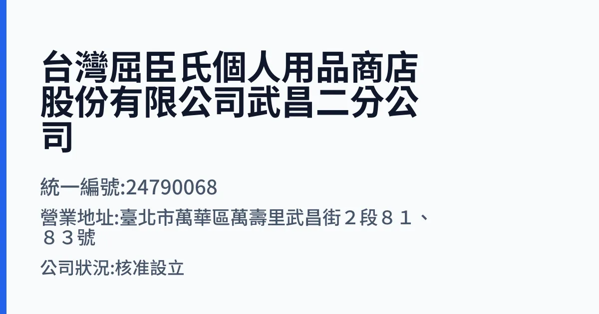 台灣屈臣氏個人用品商店股份有限公司武昌二分公司 - 統編 24790068(臺北市) 公司登記資料與營業項目詳細圖表