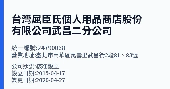 台灣屈臣氏個人用品商店股份有限公司武昌二分公司的照片-統編 24790068(臺北市) 公司登記資料與營業項目詳細圖表