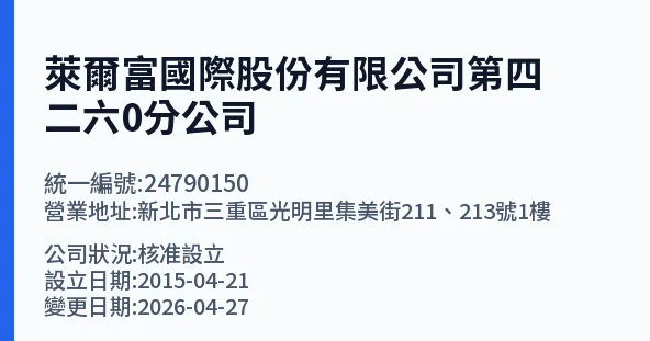 萊爾富國際股份有限公司第四二六0分公司的照片-統編 24790150(新北市) 公司登記資料與營業項目詳細圖表