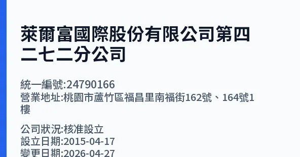 萊爾富國際股份有限公司第四二七二分公司的照片-統編 24790166(桃園市) 公司登記資料與營業項目詳細圖表