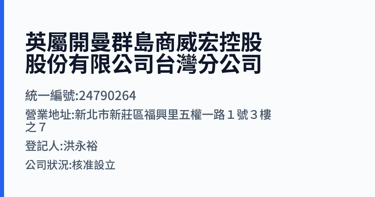 英屬開曼群島商威宏控股股份有限公司台灣分公司 - 統編 24790264(新北市) 公司登記資料與營業項目詳細圖表