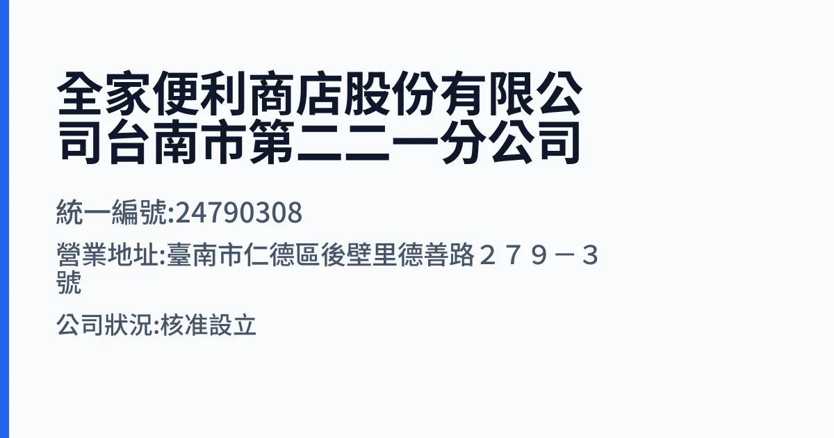 全家便利商店股份有限公司台南市第二二一分公司 - 統編 24790308(臺南市) 公司登記資料與營業項目詳細圖表