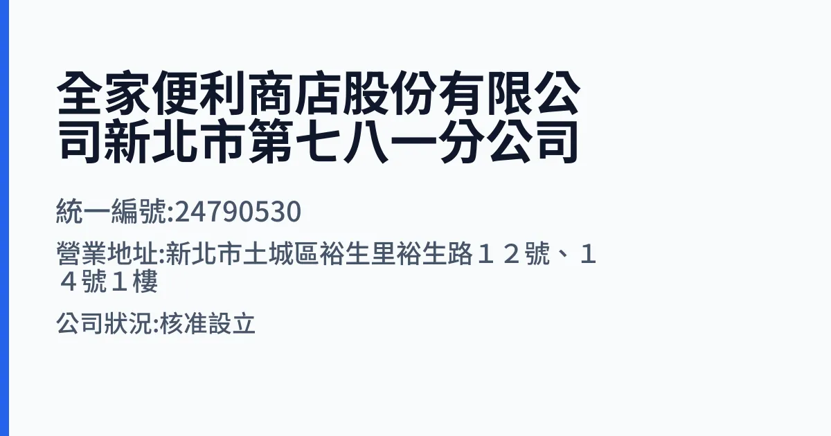 全家便利商店股份有限公司新北市第七八一分公司 - 統編 24790530（新北市） 公司登記資料與營業項目詳細圖表
