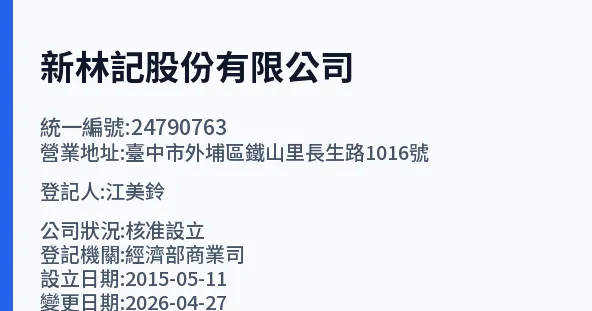 新林記股份有限公司的照片-統編 24790763(臺中市) 公司登記資料與營業項目詳細圖表