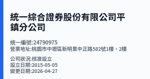 統一綜合證券股份有限公司平鎮分公司的照片-統編 24790975(桃園市) 公司登記資料與營業項目詳細圖表