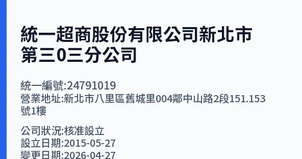 統一超商股份有限公司新北市第三0三分公司的照片-統編 24791019(新北市) 公司登記資料與營業項目詳細圖表