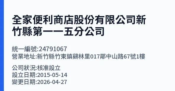 全家便利商店股份有限公司新竹縣第一一五分公司的照片-統編 24791067(新竹縣) 公司登記資料與營業項目詳細圖表