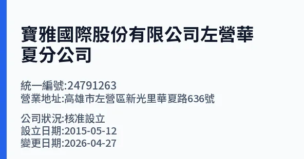 寶雅國際股份有限公司左營華夏分公司的照片-統編 24791263(高雄市) 公司登記資料與營業項目詳細圖表