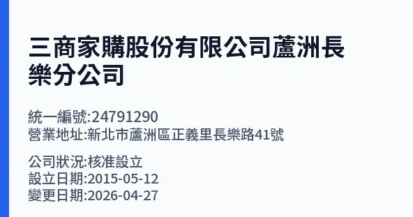 三商家購股份有限公司蘆洲長樂分公司的照片-統編 24791290(新北市) 公司登記資料與營業項目詳細圖表