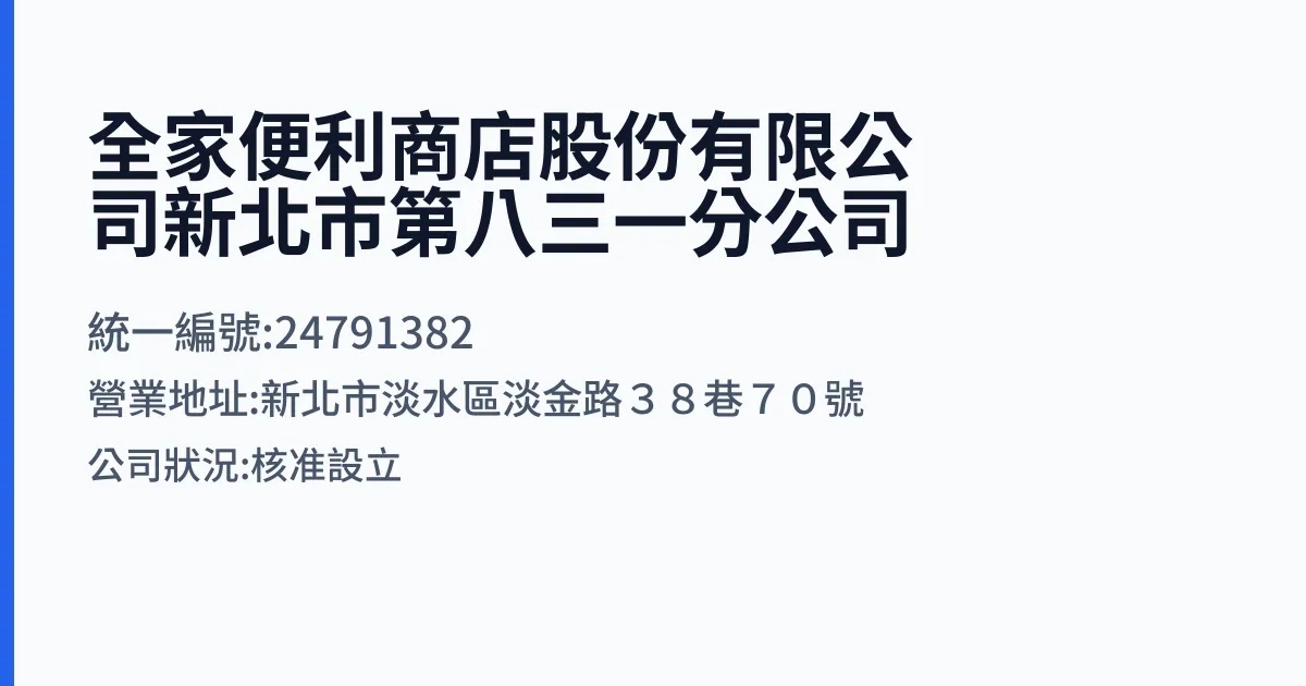全家便利商店股份有限公司新北市第八三一分公司 - 統編 24791382(新北市) 公司登記資料與營業項目詳細圖表