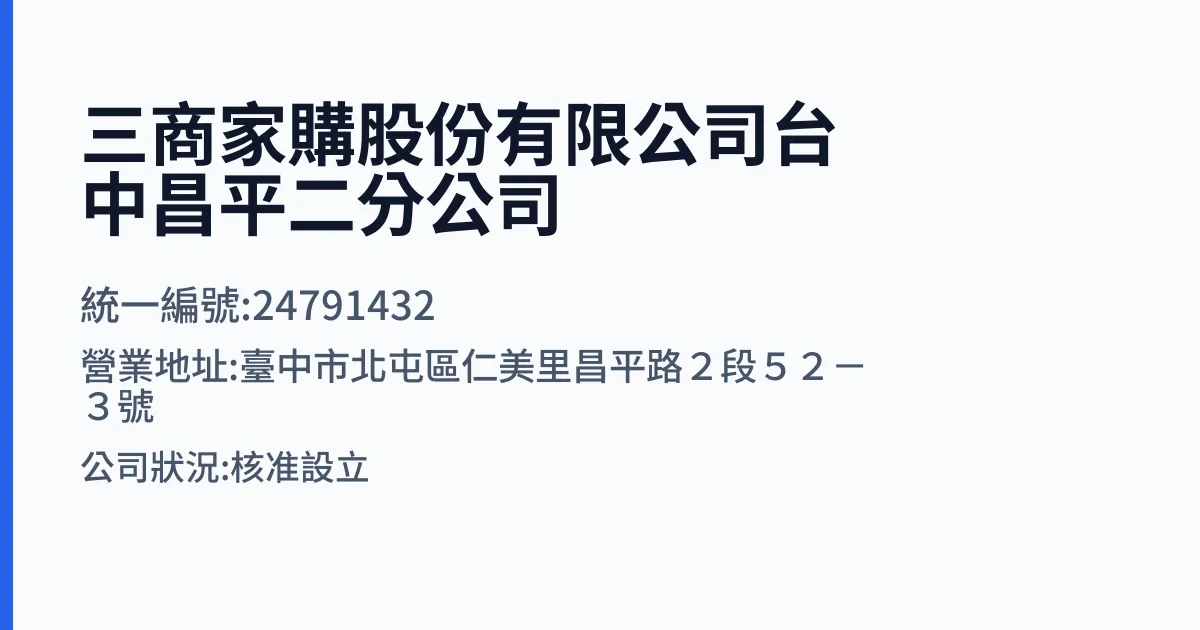 三商家購股份有限公司台中昌平二分公司 - 統編 24791432(臺中市) 公司登記資料與營業項目詳細圖表